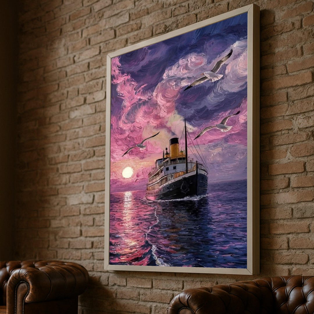 Vintage Steamboat at Sunset Canvas, Seascape Wall Art, Pink Purple Sky ...