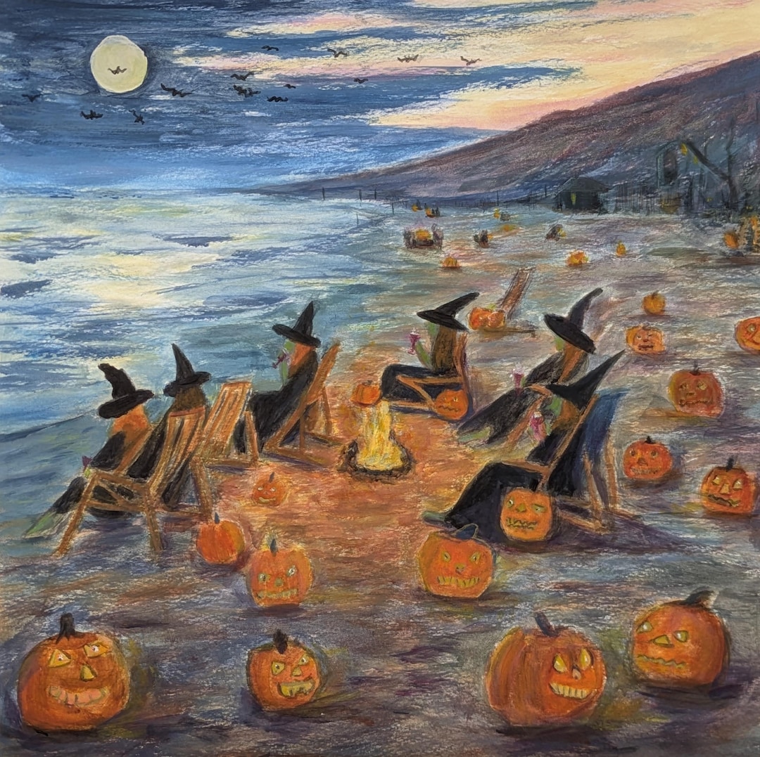 Hand Painted Witches on the Beach, Halloween Acrylic Painting (14x14 ...