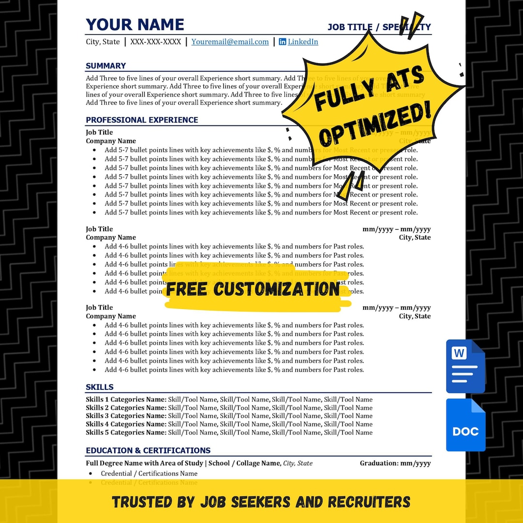 ATS Friendly Resume Template for Microsoft Word & Google Docs, ATS ...