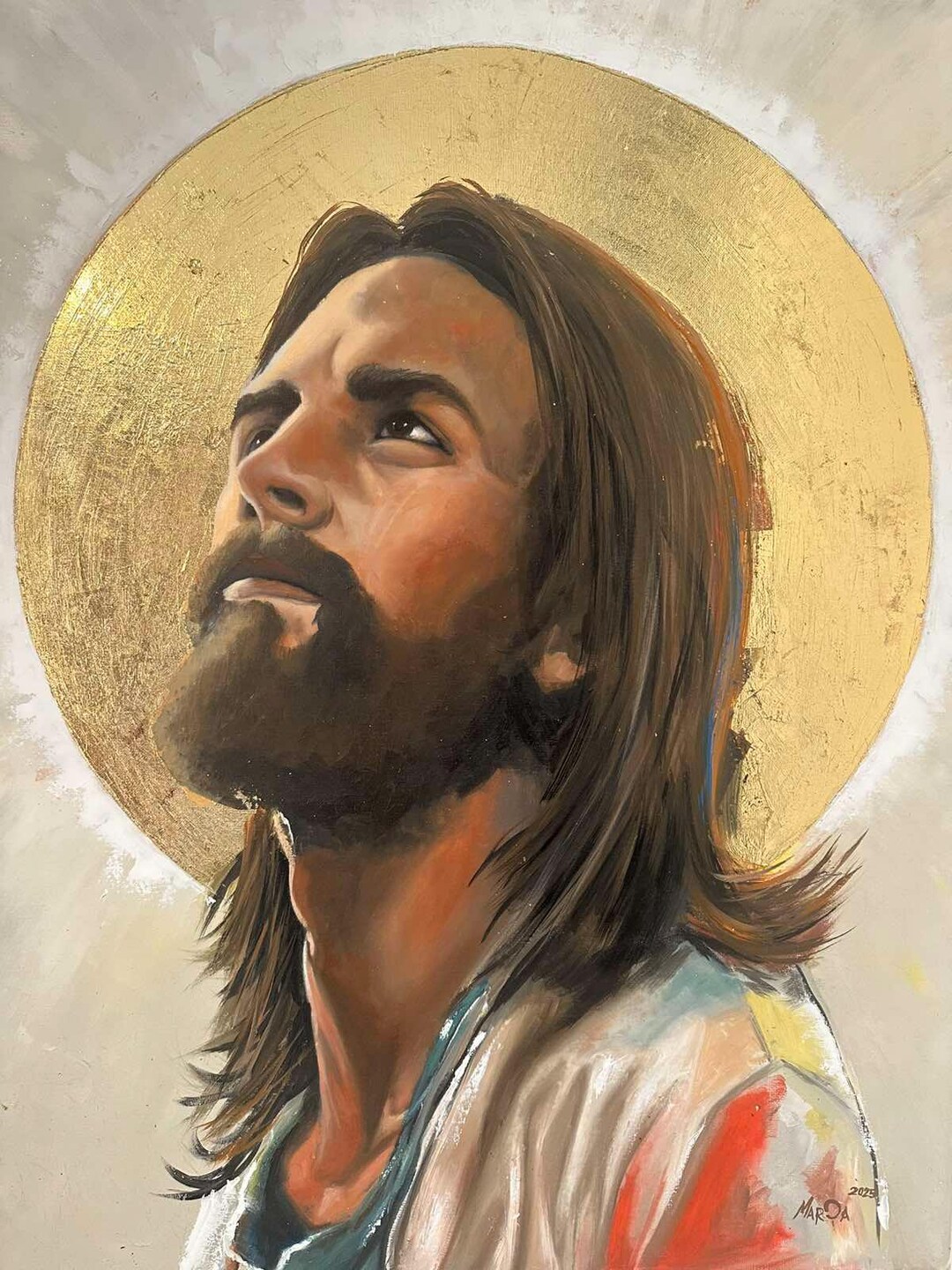 Original Oil Painting Jesus Christ With Golden Halo - Religious Icon ...
