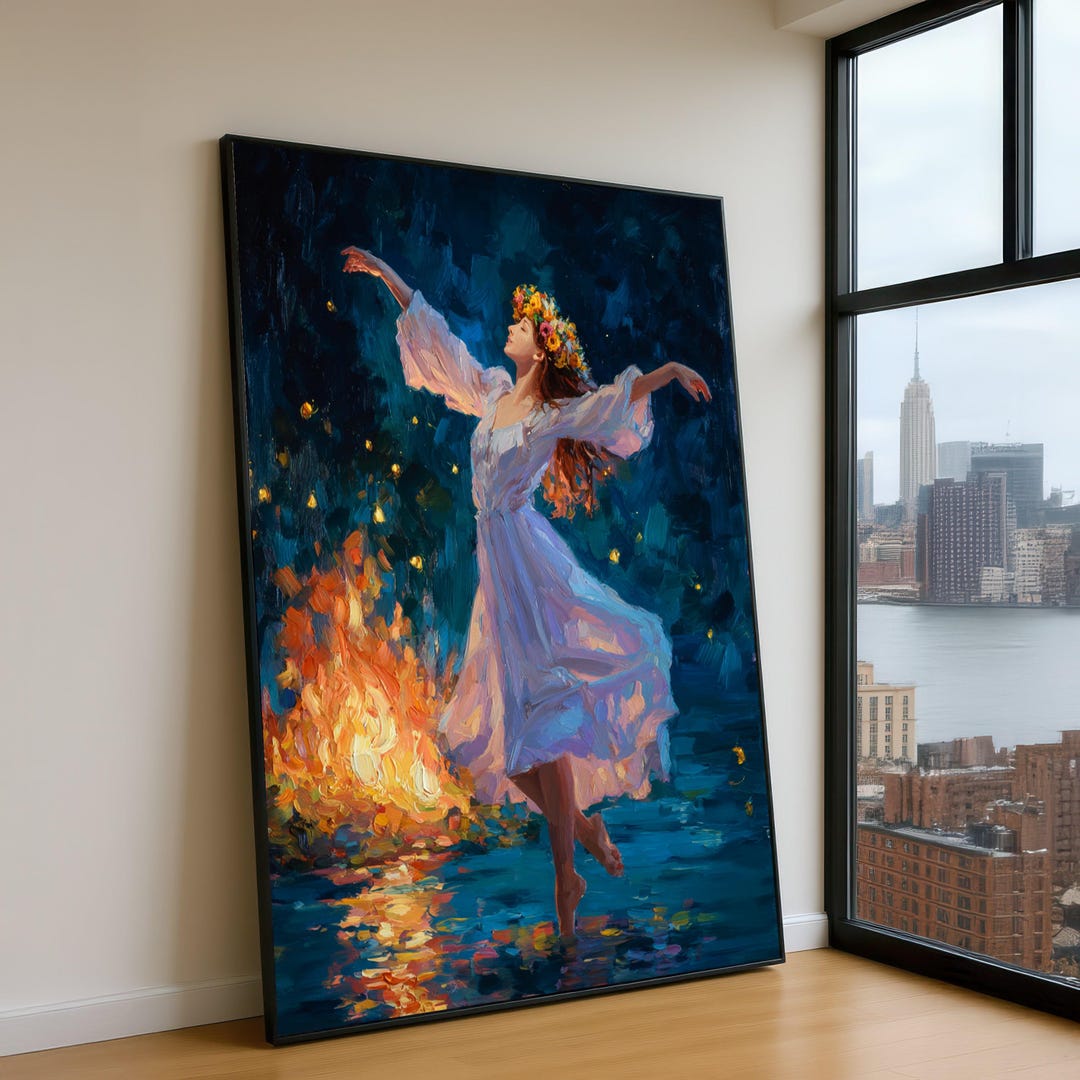 Ethereal Woman Dancing, Floral Crown Canvas, Nighttime Firelight Scene ...