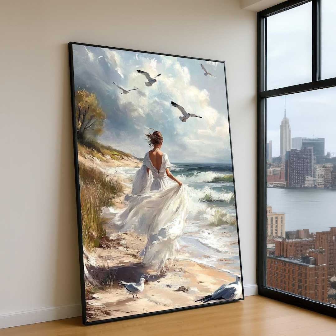 Beachside Canvas Print, Woman in White Dress, Coastal Wall Art - Etsy