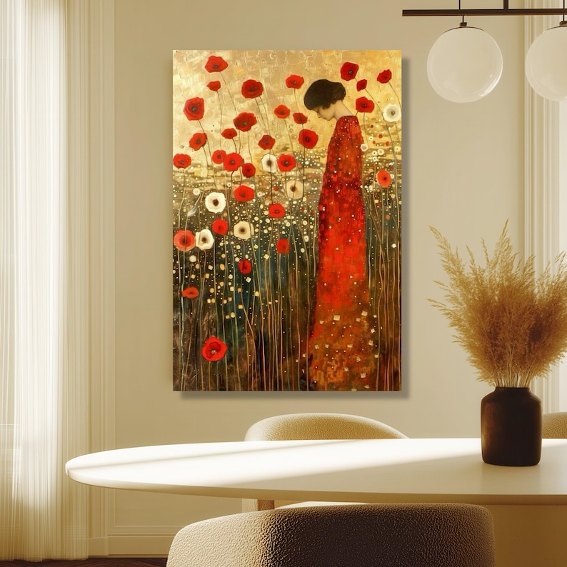 Gustav Klimt Inspired Red Poppy Field Canvas, Woman in Red Dress Wall ...