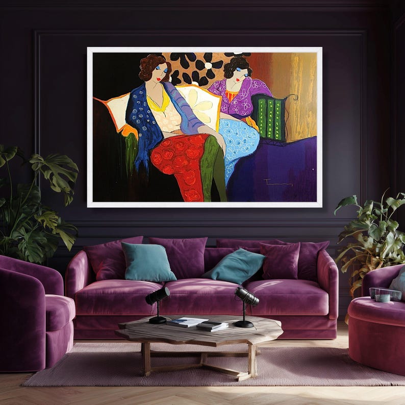 Elegant Women Sitting Canvas, Itzchak Tarkay Style, Colorful Figurative ...
