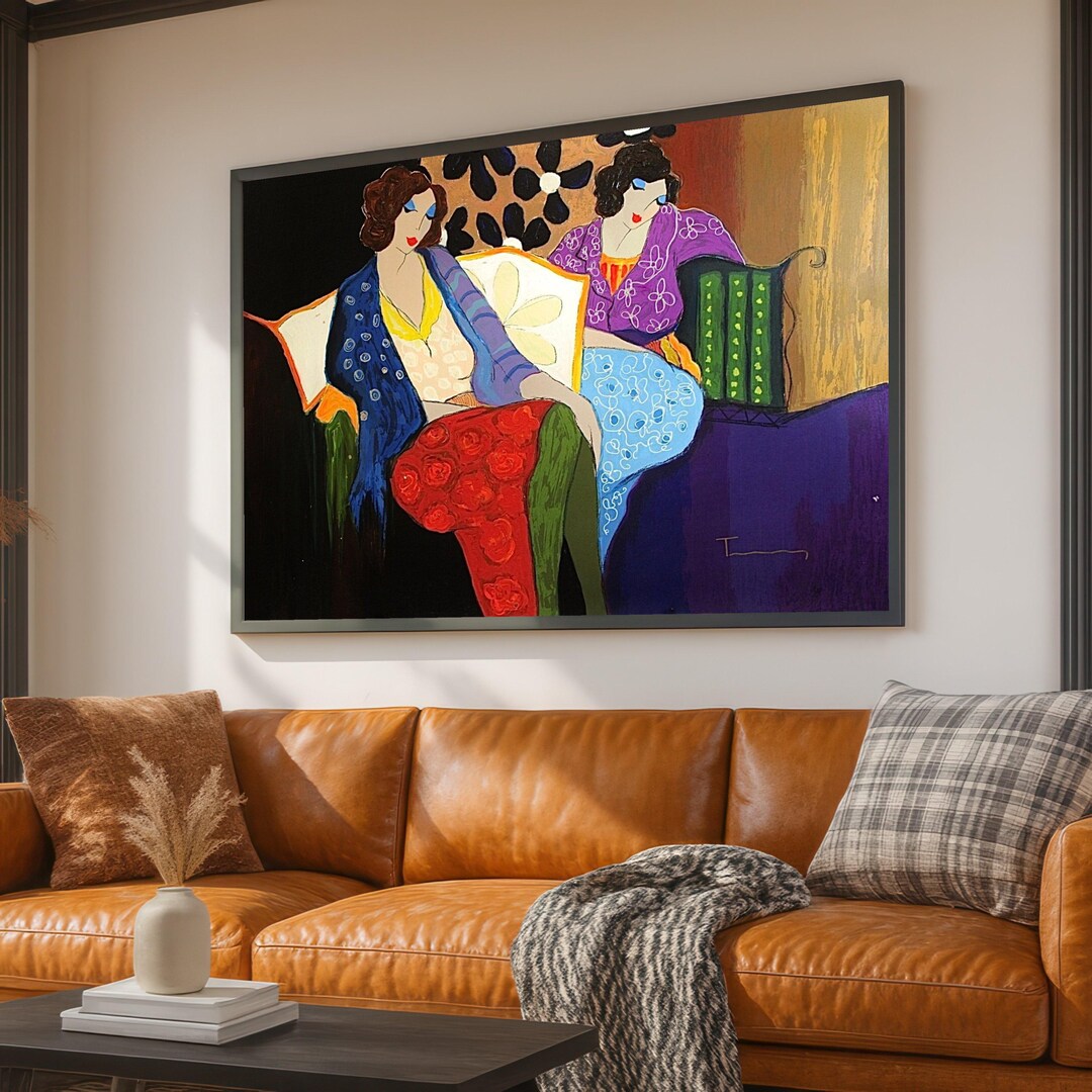 Elegant Women Sitting Canvas, Itzchak Tarkay Style, Colorful Figurative ...