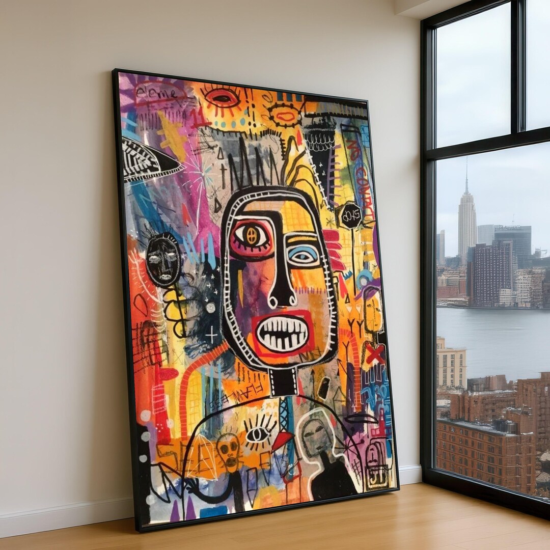 Jean Michel Basquiat Inspired Abstract Face Canvas, Urban Graffiti Wall ...