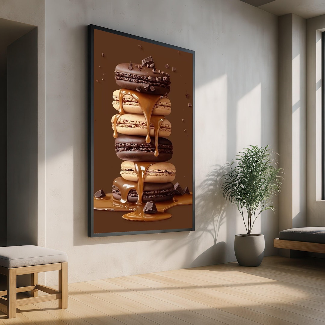 Decadent Chocolate Macarons Stack Canvas, Dripping Caramel Dessert Wall ...