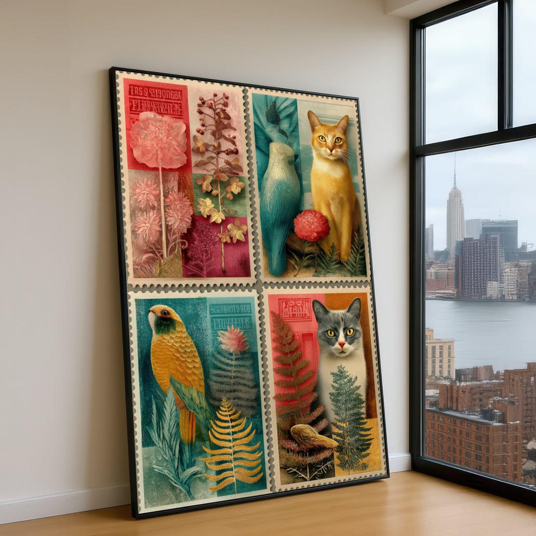 Vintage Botanical Stamps Canvas Art, Cat Bird Animal Print - Etsy
