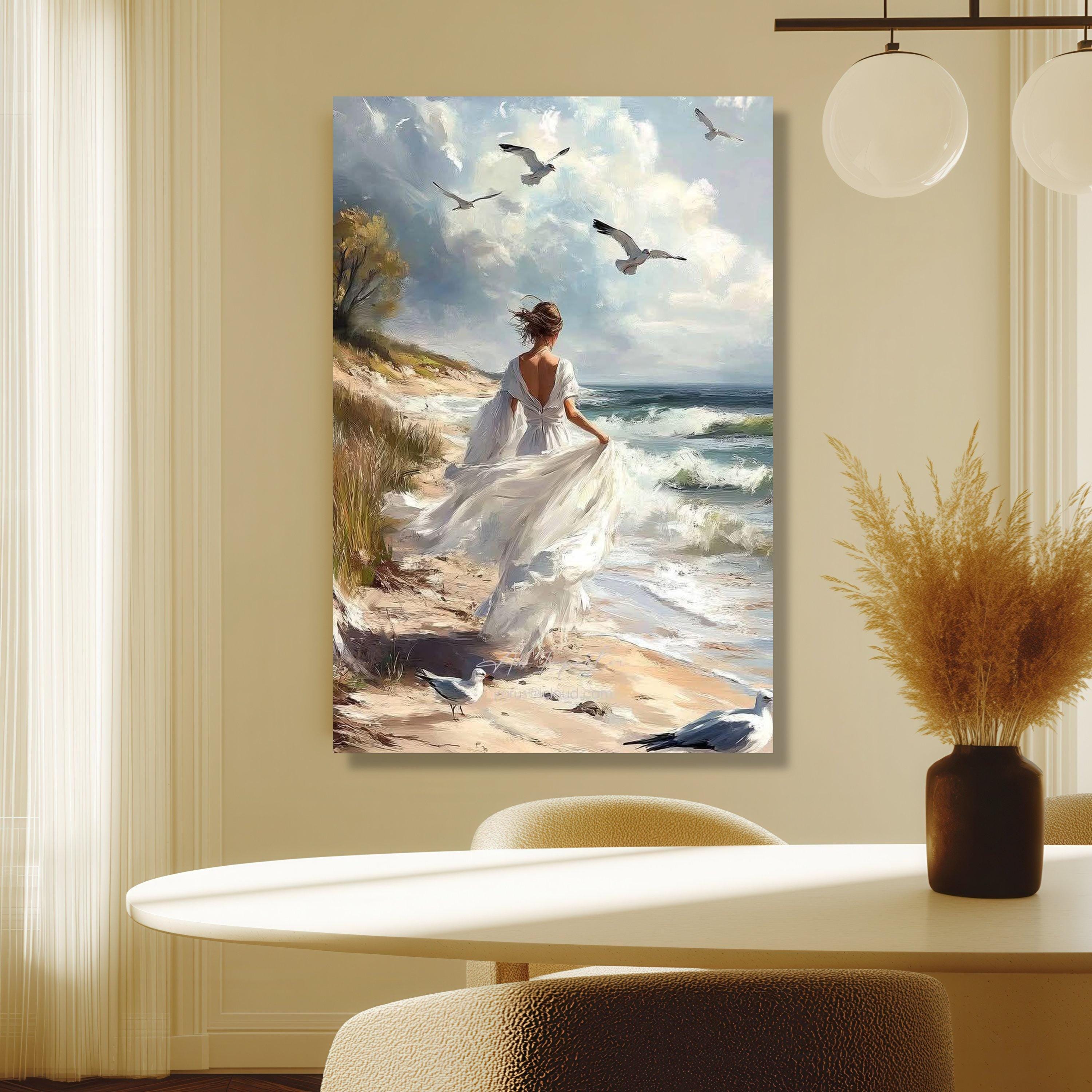 Beachside Canvas Print, Woman in White Dress, Coastal Wall Art - Etsy
