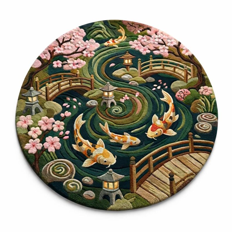 Handmade Round Koi Fish Rug, Japanese Garden Area Rug, Cherry Blossom ...