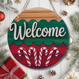 Christmas Welcome Sign SVG, Candy Cane Round Door Hanger Laser Cut File ...