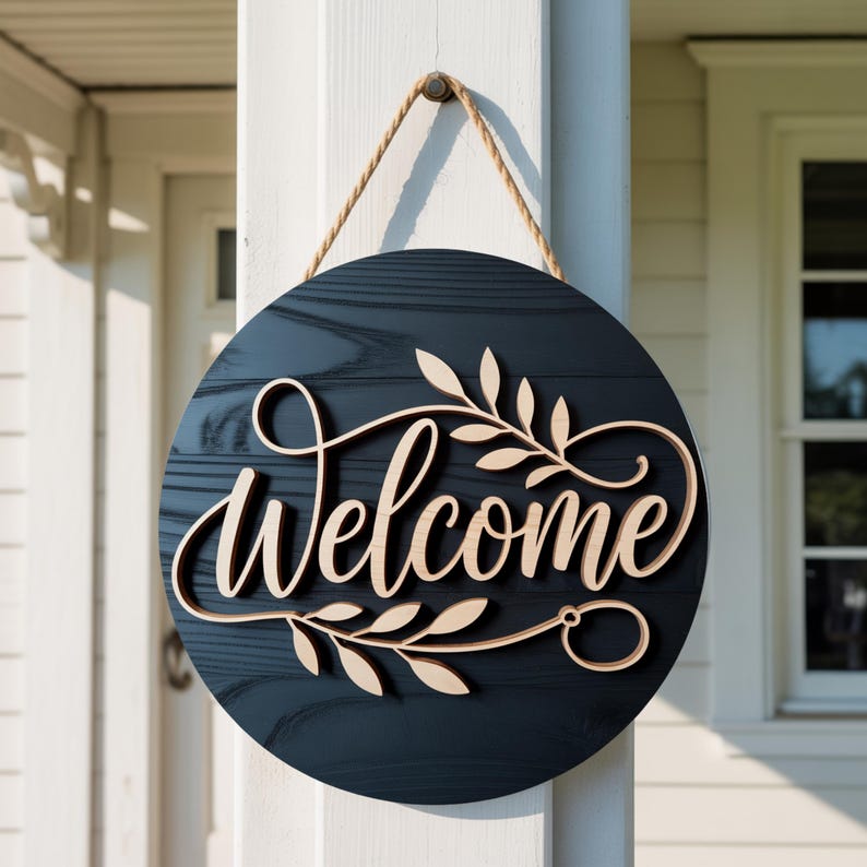 Welcome Sign SVG, Layered Round Door Hanger Laser Cut File, Front Porch ...