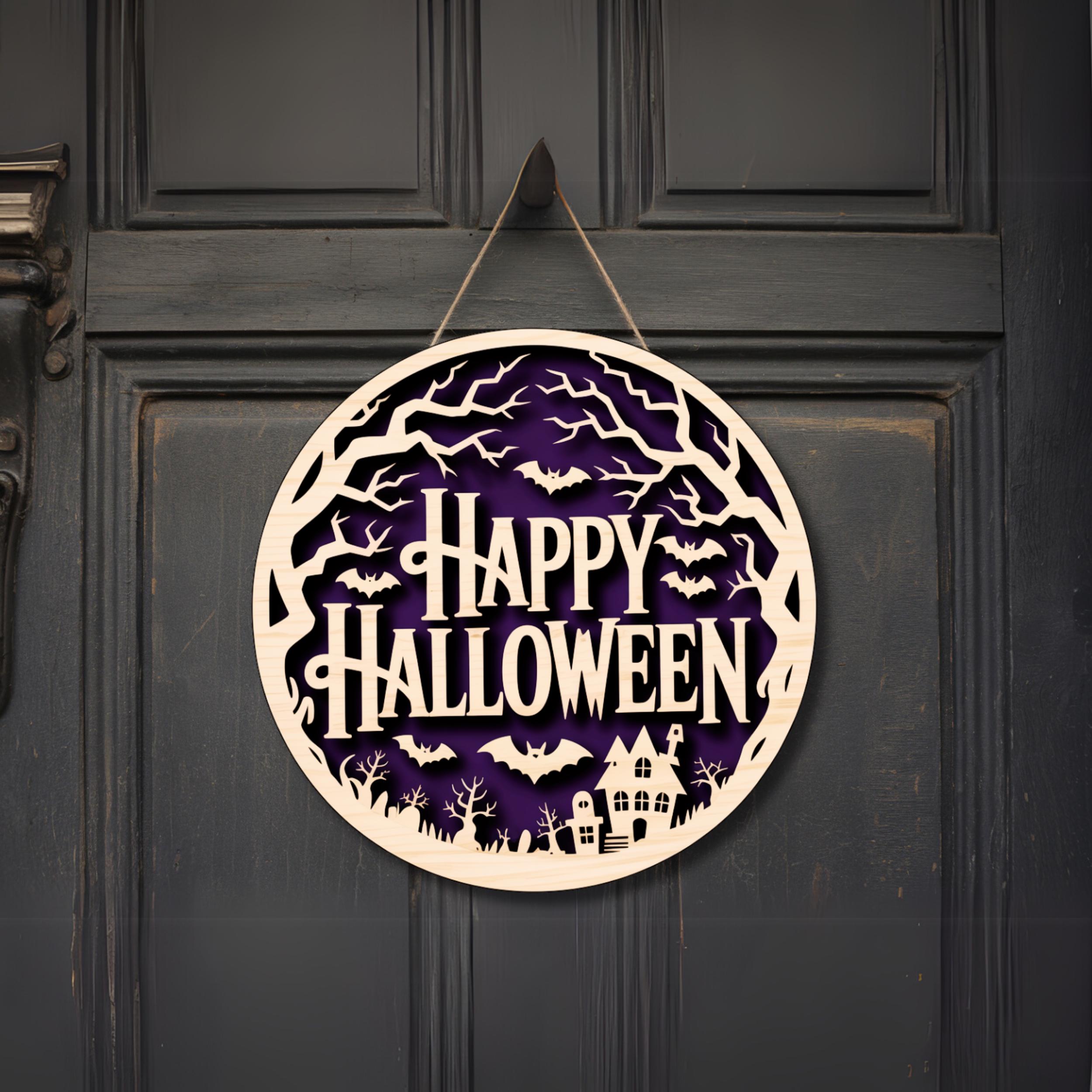 Happy Halloween Door Hanger SVG, Layered Round Halloween Sign, Laser ...