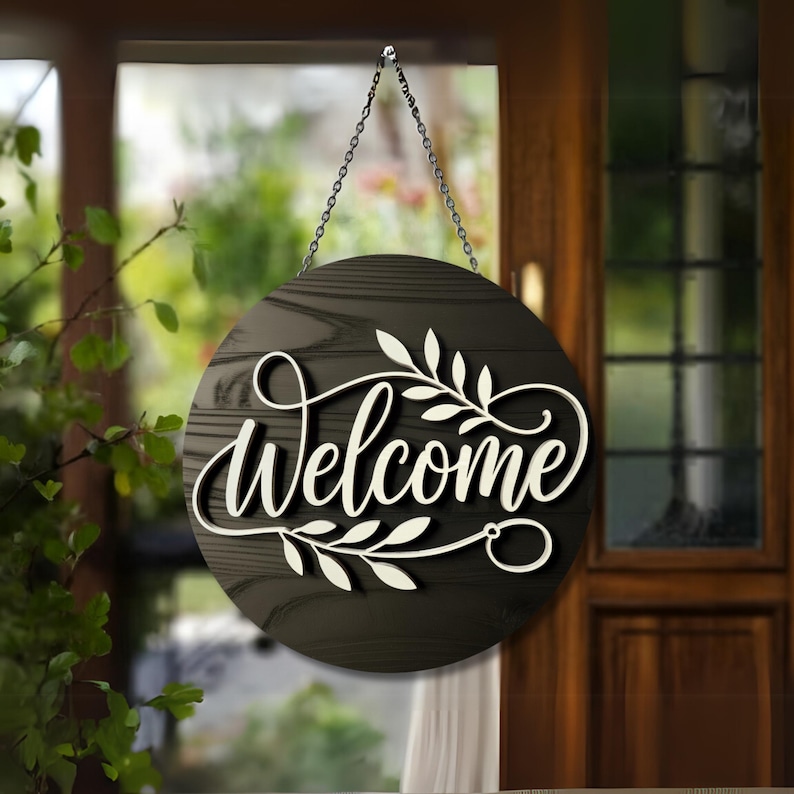 Welcome Sign SVG, Layered Round Door Hanger Laser Cut File, Front Porch ...