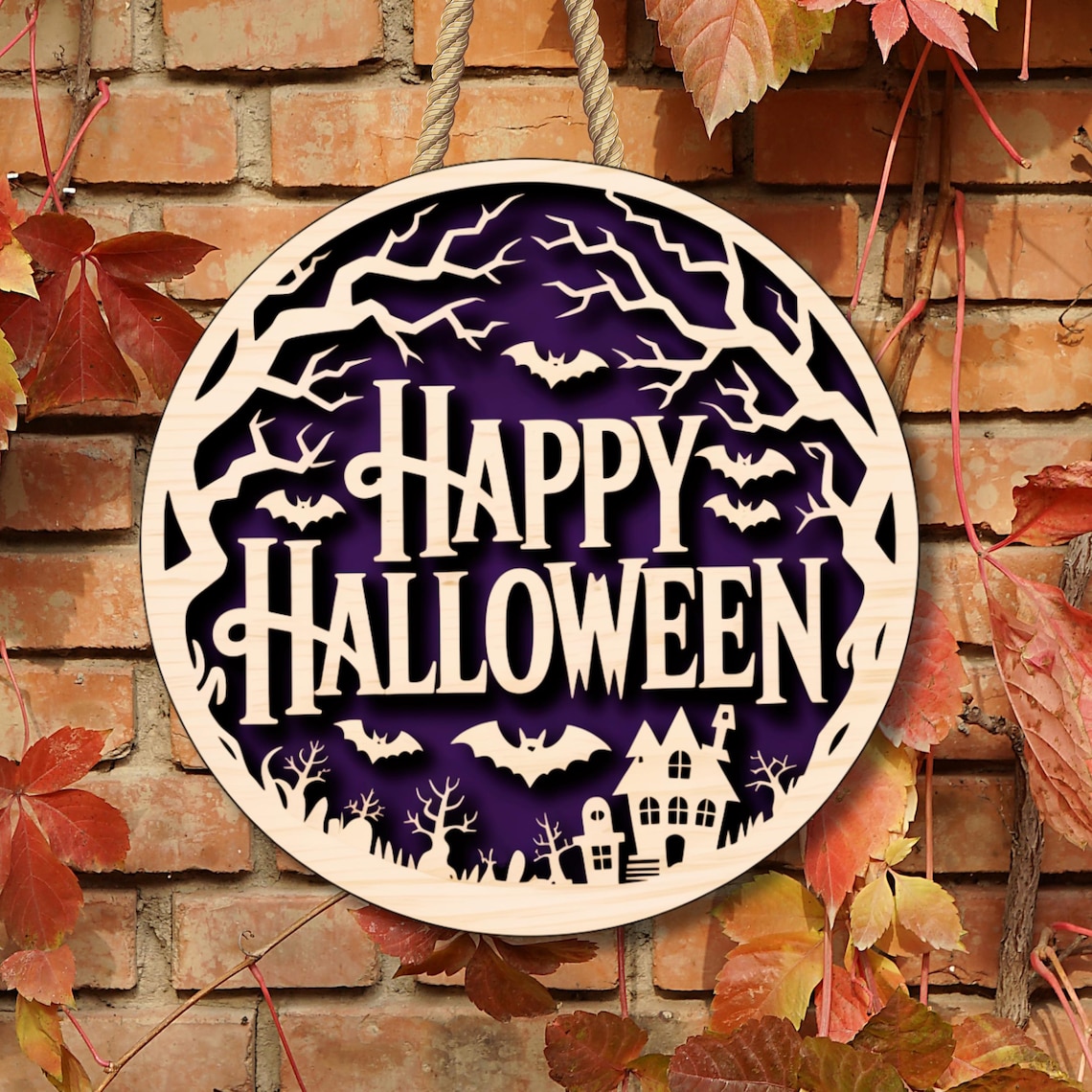 Happy Halloween Door Hanger SVG, Layered Round Halloween Sign, Laser ...