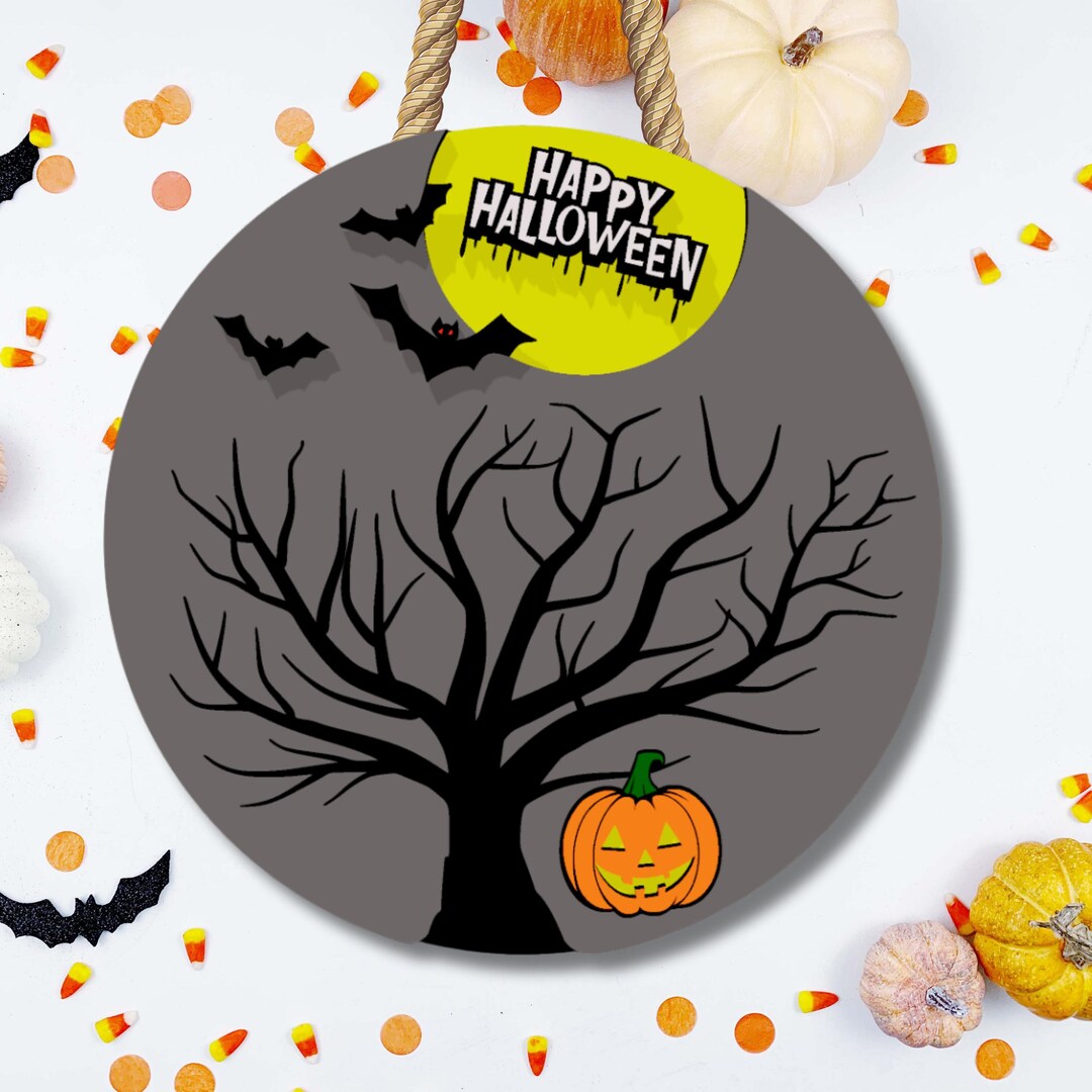 Halloween Door Hanger SVG, Bats, Moon, Happy Halloween (laser Cut File ...