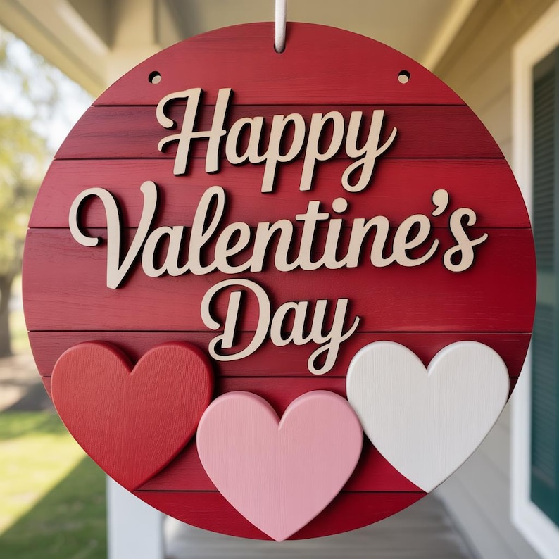 Happy Valentine’s Day Sign SVG, Heart Round Door Hanger Laser Cut File ...