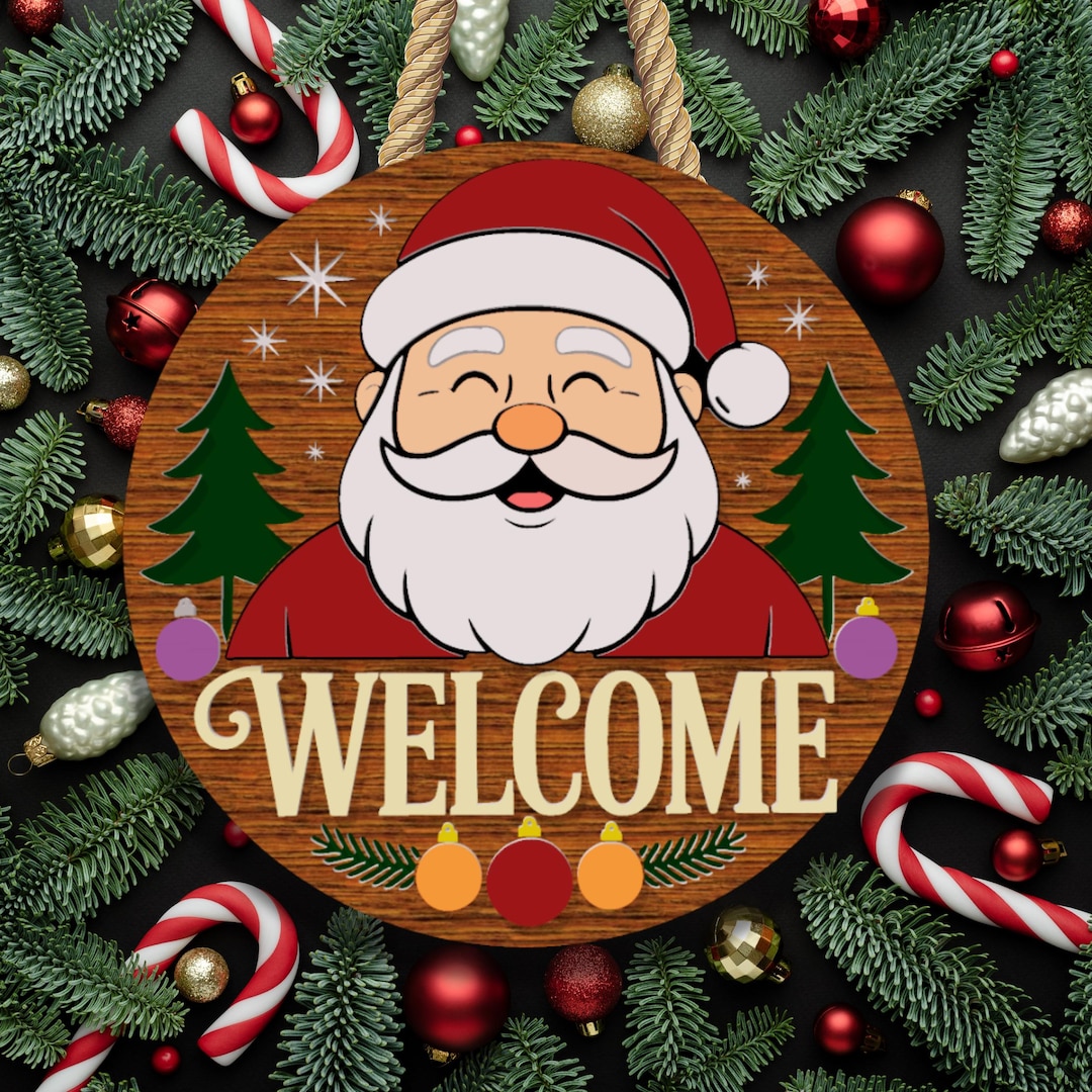 Santa Welcome Sign SVG, Christmas Door Hanger Round Cut File, Holiday ...
