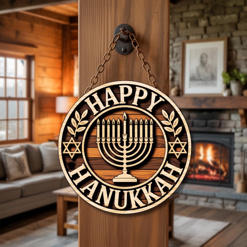 Happy Hanukkah Sign SVG, Layered Menorah Laser Cut File, Jewish Holiday ...