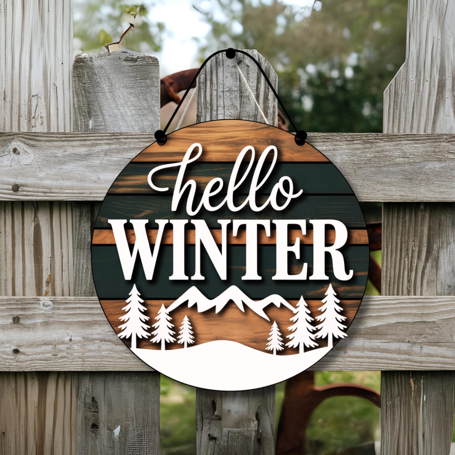 Hello Winter SVG Round Sign, Rustic Layered Winter Door Hanger, Snowy ...