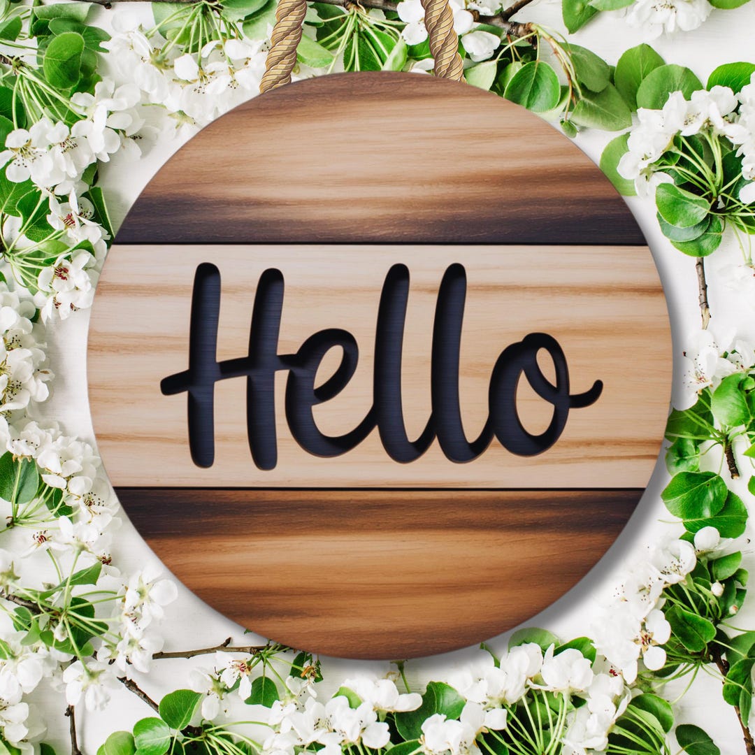 Hello Door Hanger SVG, Rustic Wood Slat Round Laser Cut File - Etsy