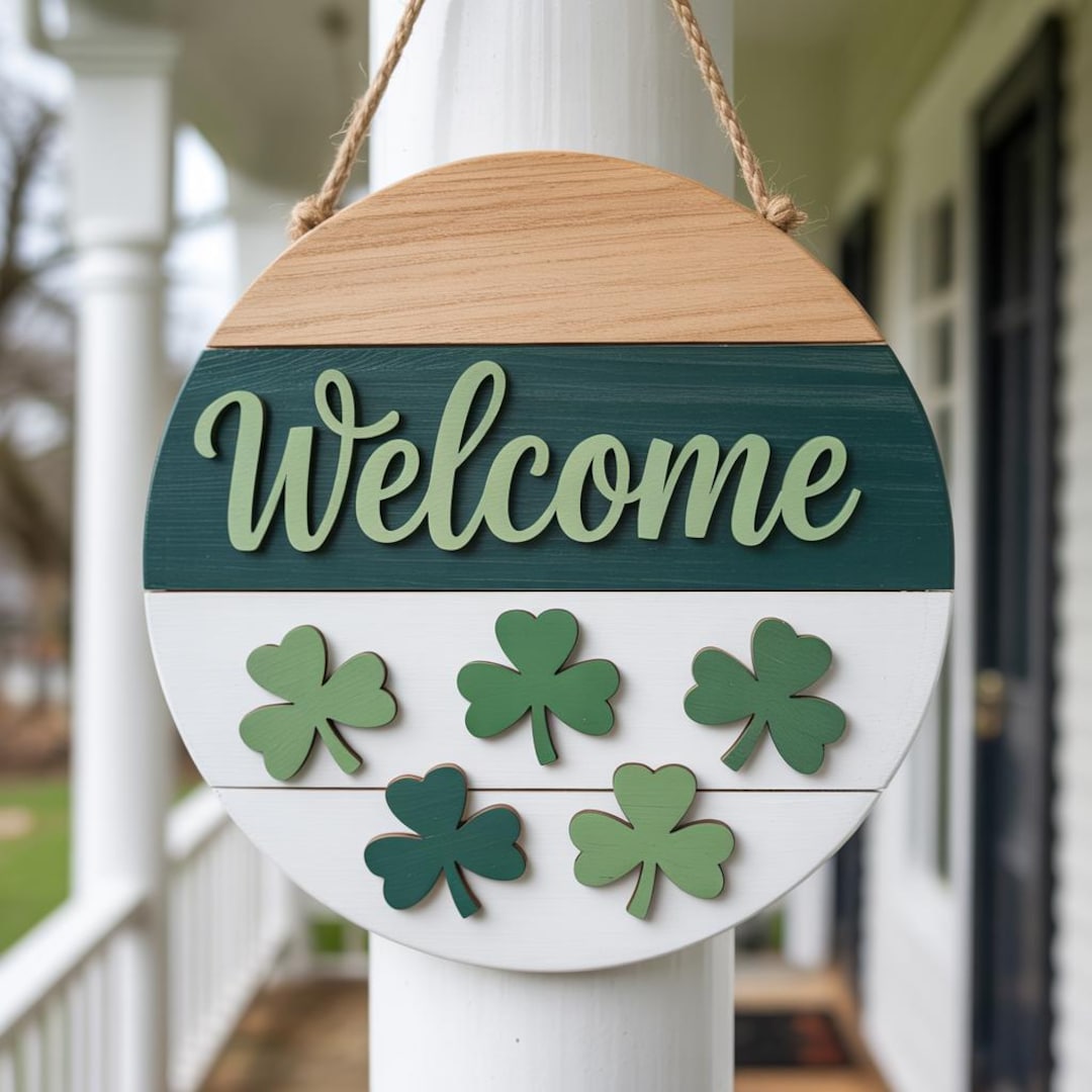 Welcome Shamrock Door Sign SVG, St Patrick’s Day Round Porch Decor ...