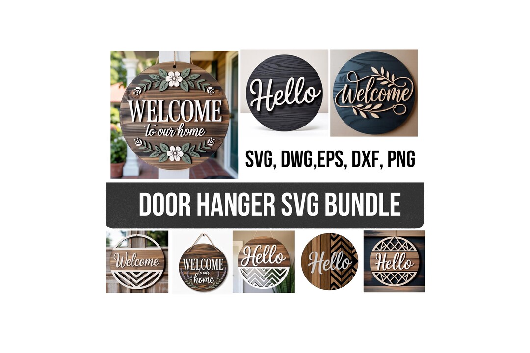 8-design Welcome & Hello Door Hanger SVG Bundle, Layered Round Laser ...