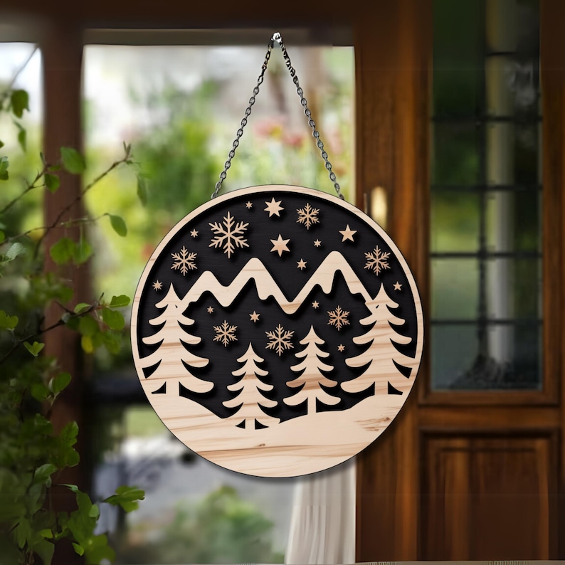 Winter Mountain Scene Sign SVG, Layered Round Laser Cut Wall Decor File ...