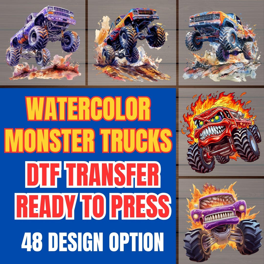 Watercolor Monster Truck DTF Transfers Set, Heat Press Designs for Kids ...