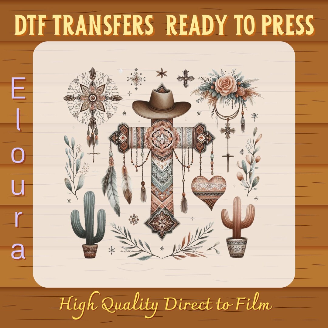 Western Boho Cross DTF Transfer: Ready to Press, Cowboy Hat Floral ...