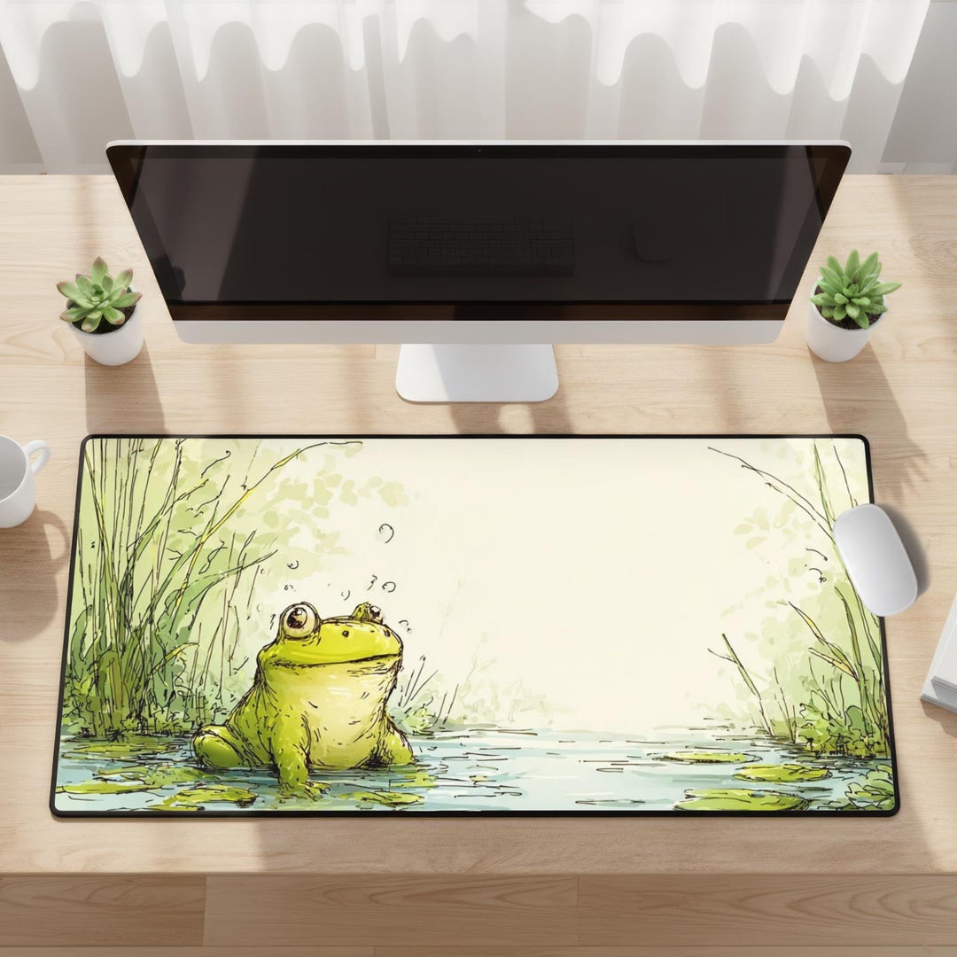 Mouse Pad and Desk Mats - Funny Frog in a Pond, Green, Blue - Desk Pad ...