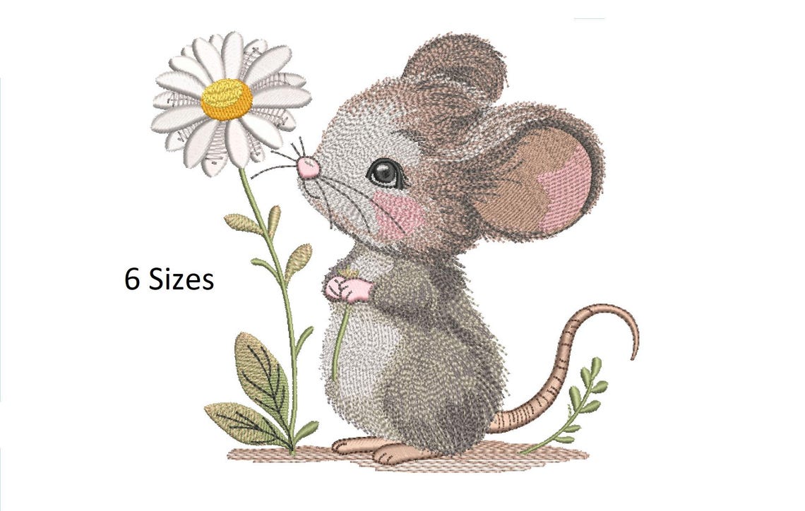 Mouse With Flower Machine Embroidery Design, Cute Mouse Embroidery File ...