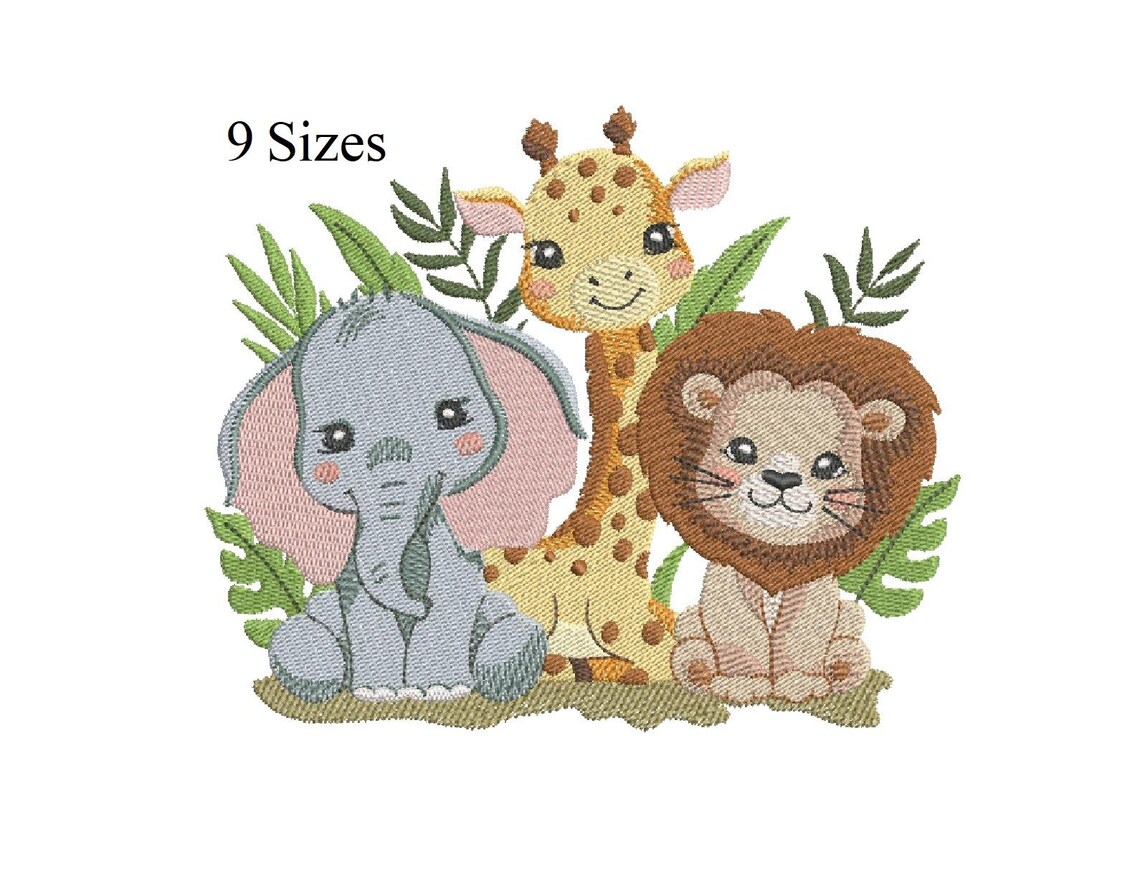 Safari Animals Embroidery Design, Baby Elephant Giraffe Lion Machine ...
