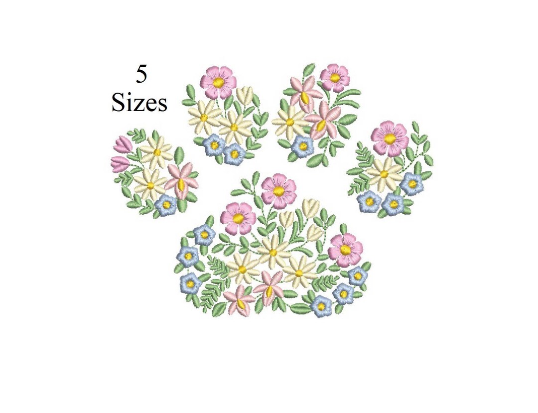 Floral Paw Print Machine Embroidery Design, Paw Dog Embroidery Design ...
