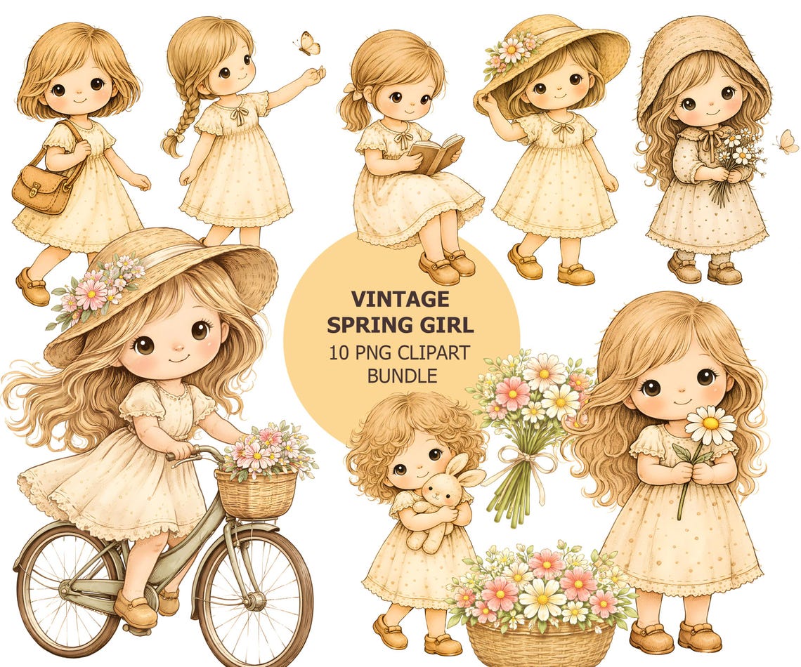 Vintage Spring Girl Clipart Bundle Png, Digital Art - Etsy