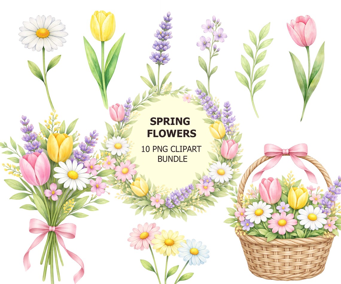Spring Flowers Clipart Bundle Png, Watercolor Digital Art - Etsy