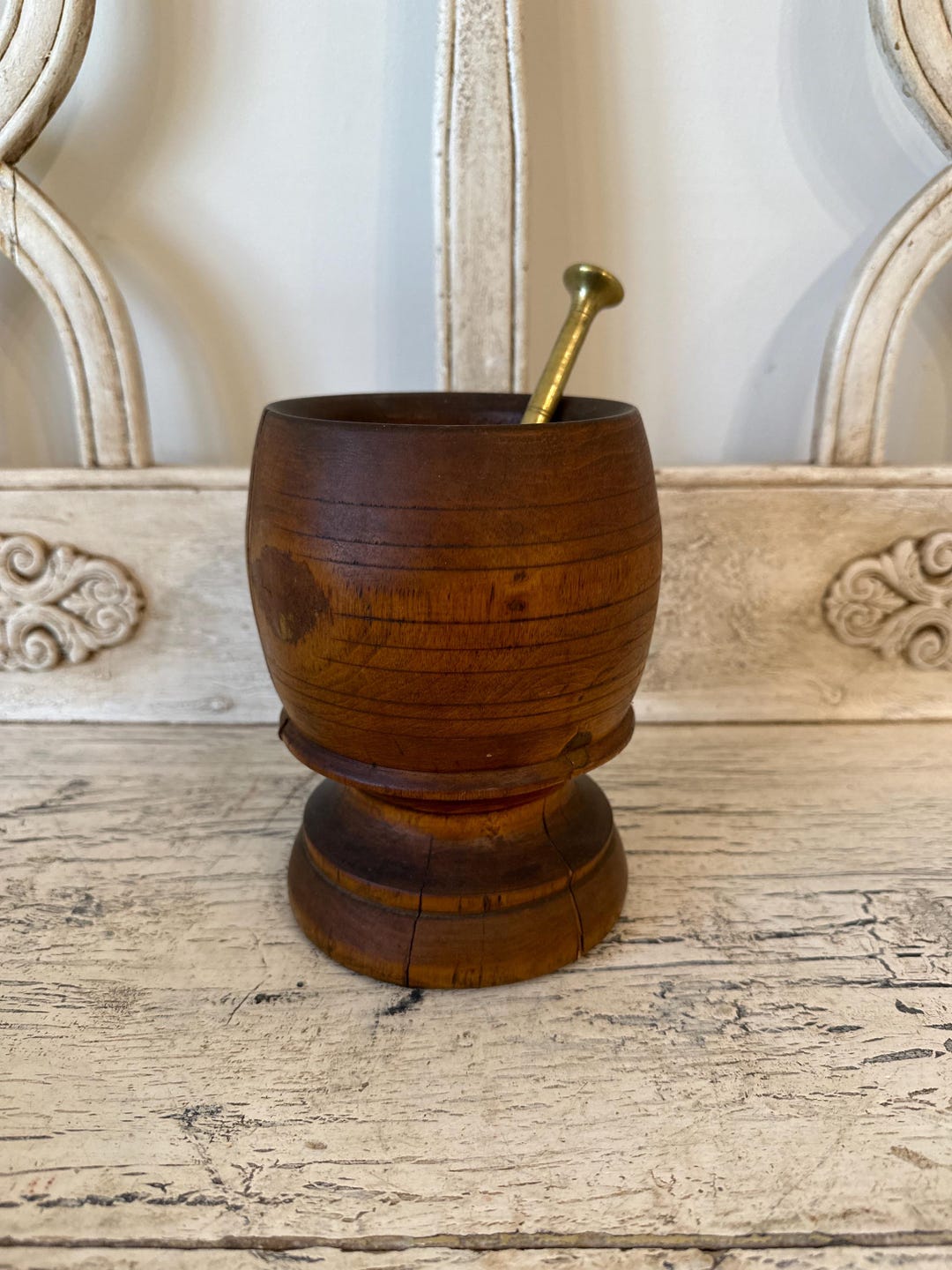 Large Antique Wooden Mortar and Brass Pestle - Rustic, Farmhouse ...