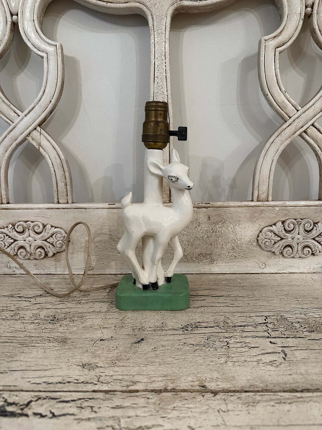 Vintage Ceramic Deer Lamp Sweet, Green and White Mid Century Lamp Works ...