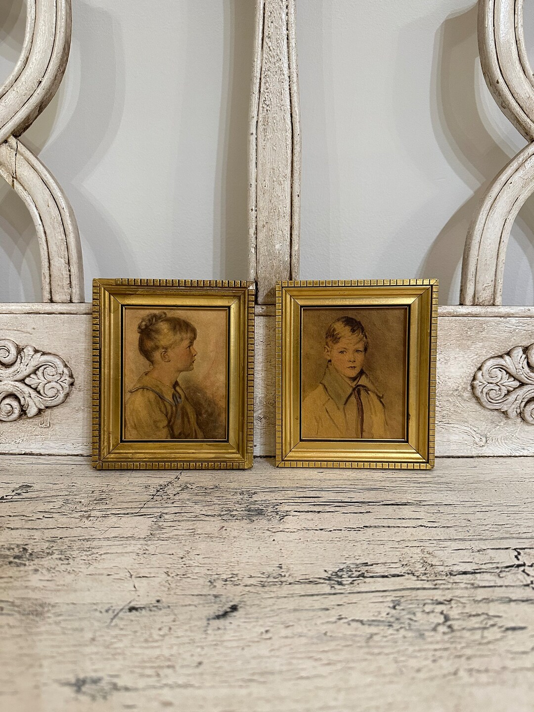 Pair of Vintage Portrait Prints in Gold Frames - Cardboard Child ...