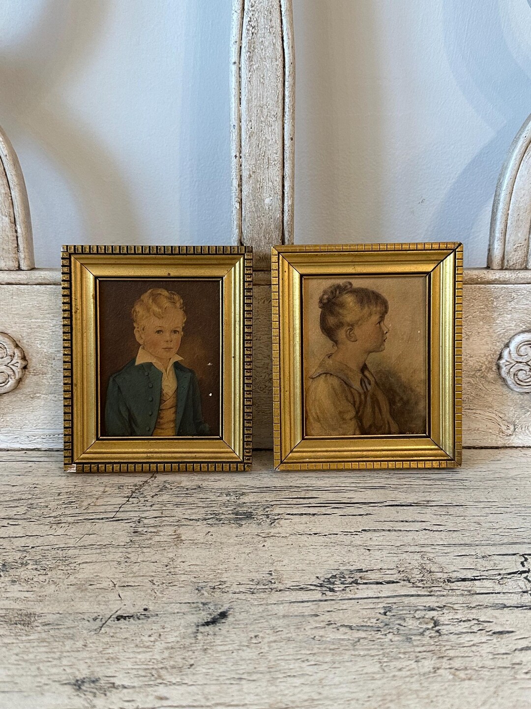 Pair of Vintage Portrait Prints in Gold Frames - Cardboard Child ...