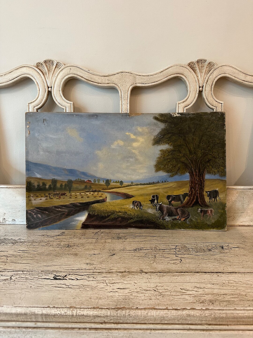 Vintage Rural Farm Painting With Cows - Distressed Folk Art Painting ...