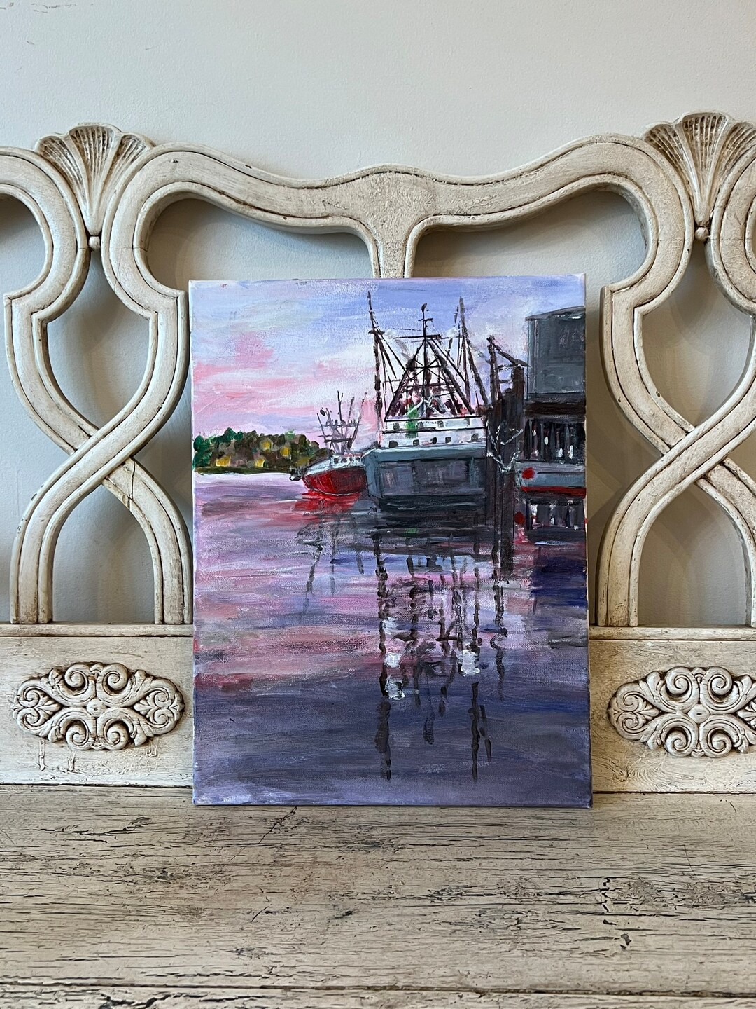 Vintage Landscape Painting - Harbor Dock With Boat - Fun, Abstract ...