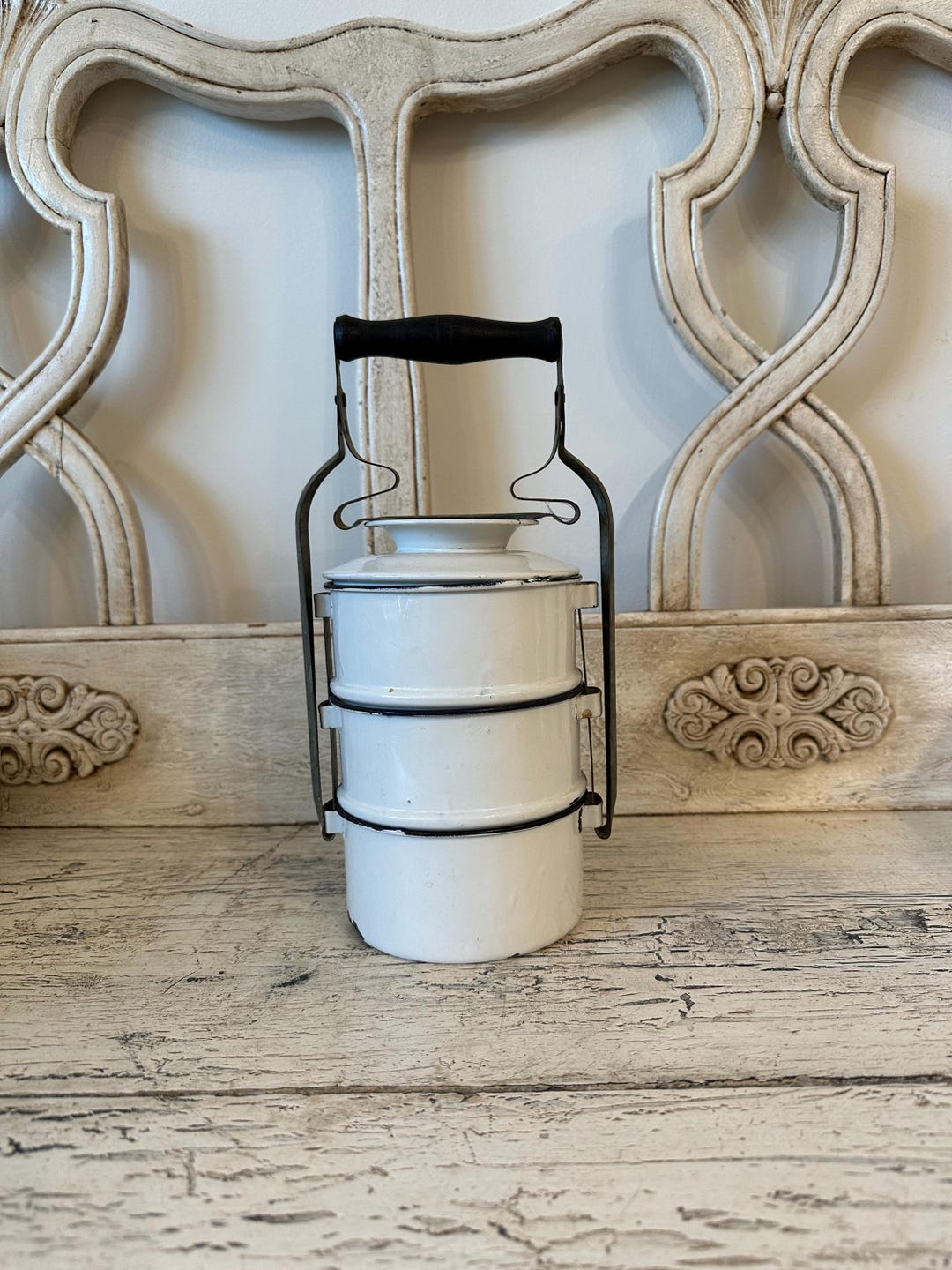 Vintage Stackable Lunch Box - While Enamel Stacking Lunch Pail ...