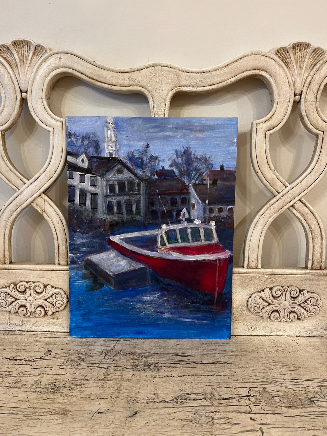 Vintage Landscape Painting - Harbor Dock With Boat - Fun, Abstract ...