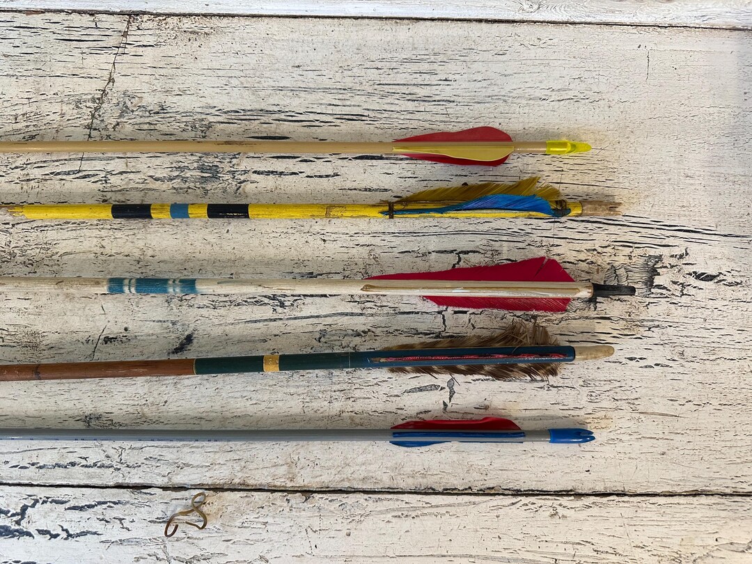 5 Vintage Wooden and Metal Archery Arrows - Distressed, Damaged - Great ...