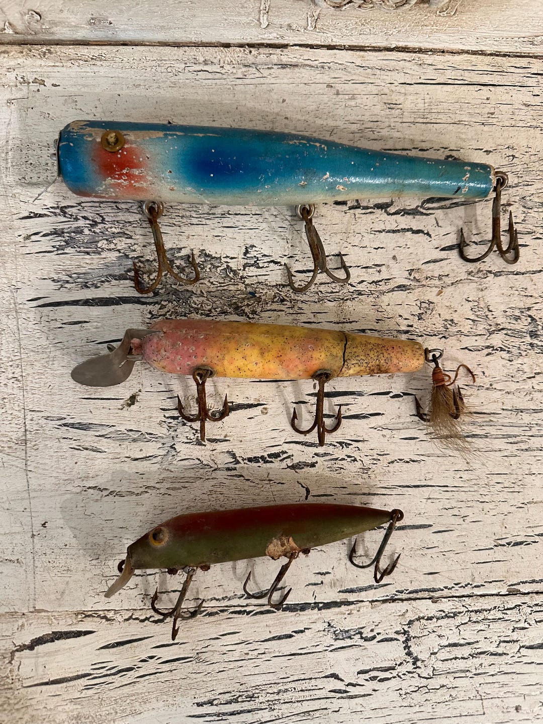 Large Vintage Fishing Lures - Set of Three Wooden and Resin Lures ...