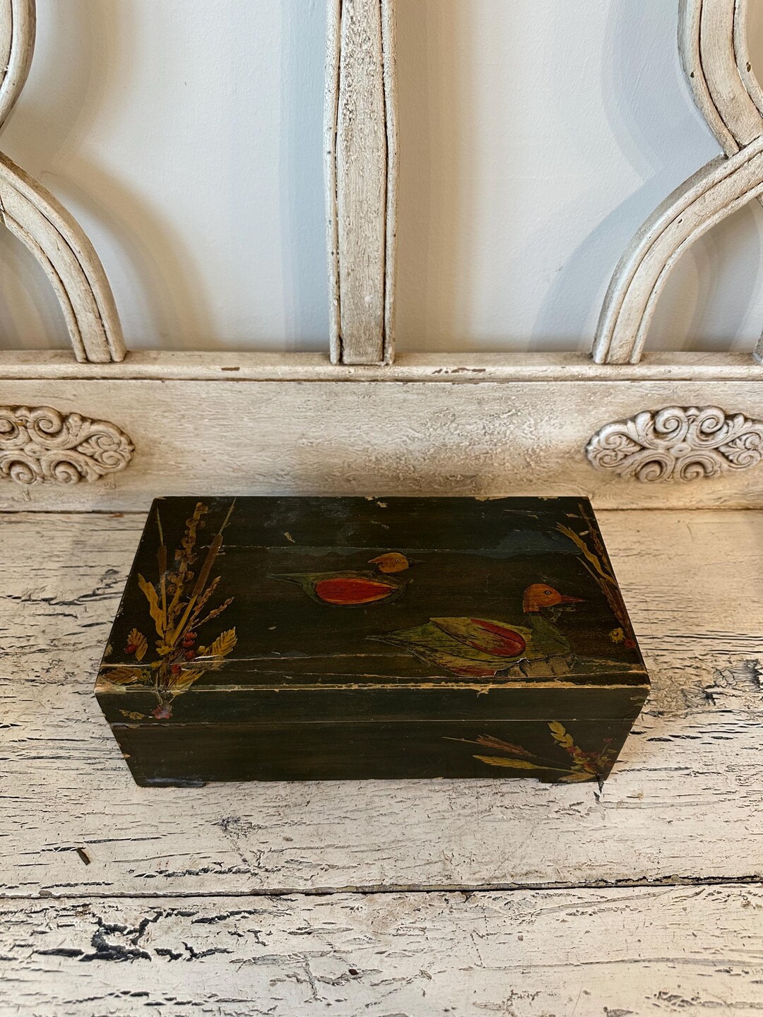 Small, Painted Wooden Box - Art Box - Ducks and Leaves - Rustic ...