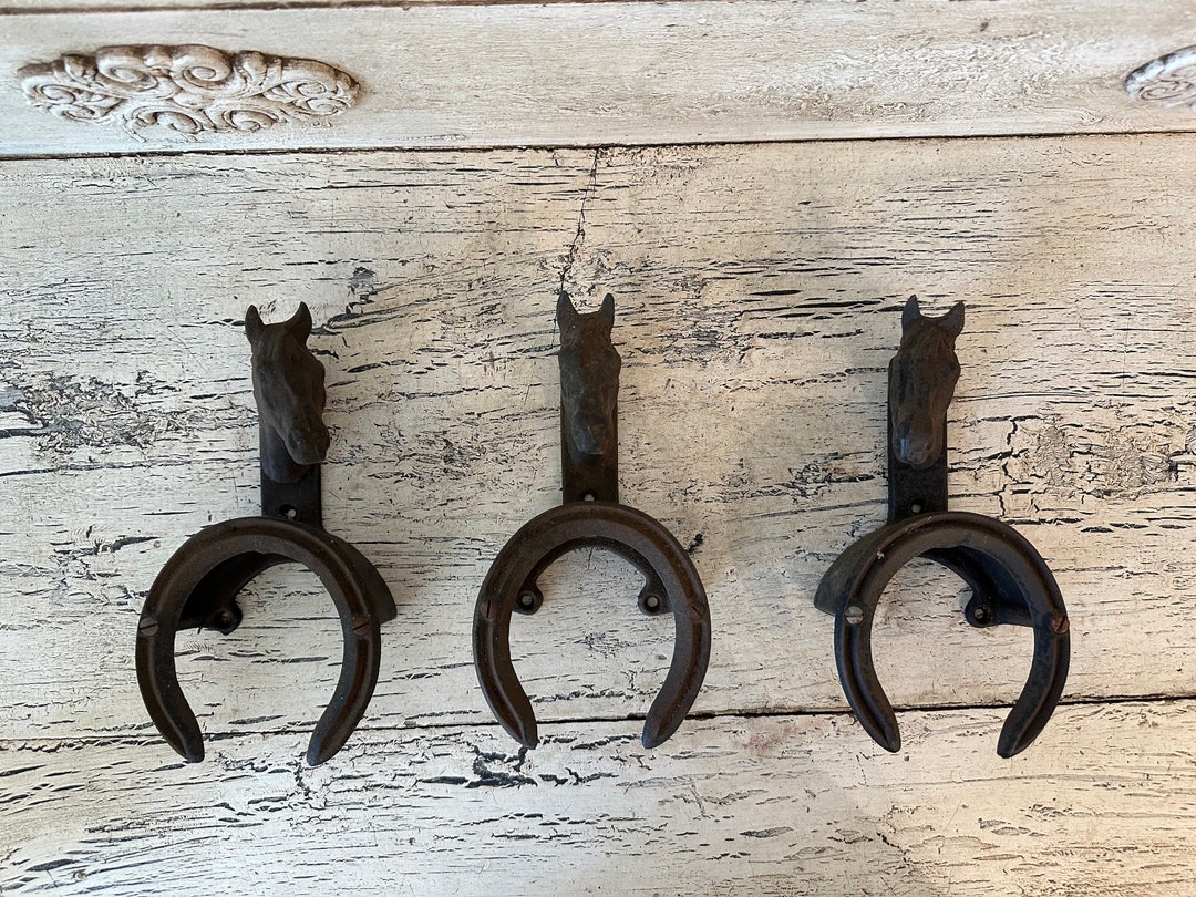 Set of 3 Bridle Hooks - Rusty, Rustic Cast Iron Barn Hooks - Farm Fresh ...