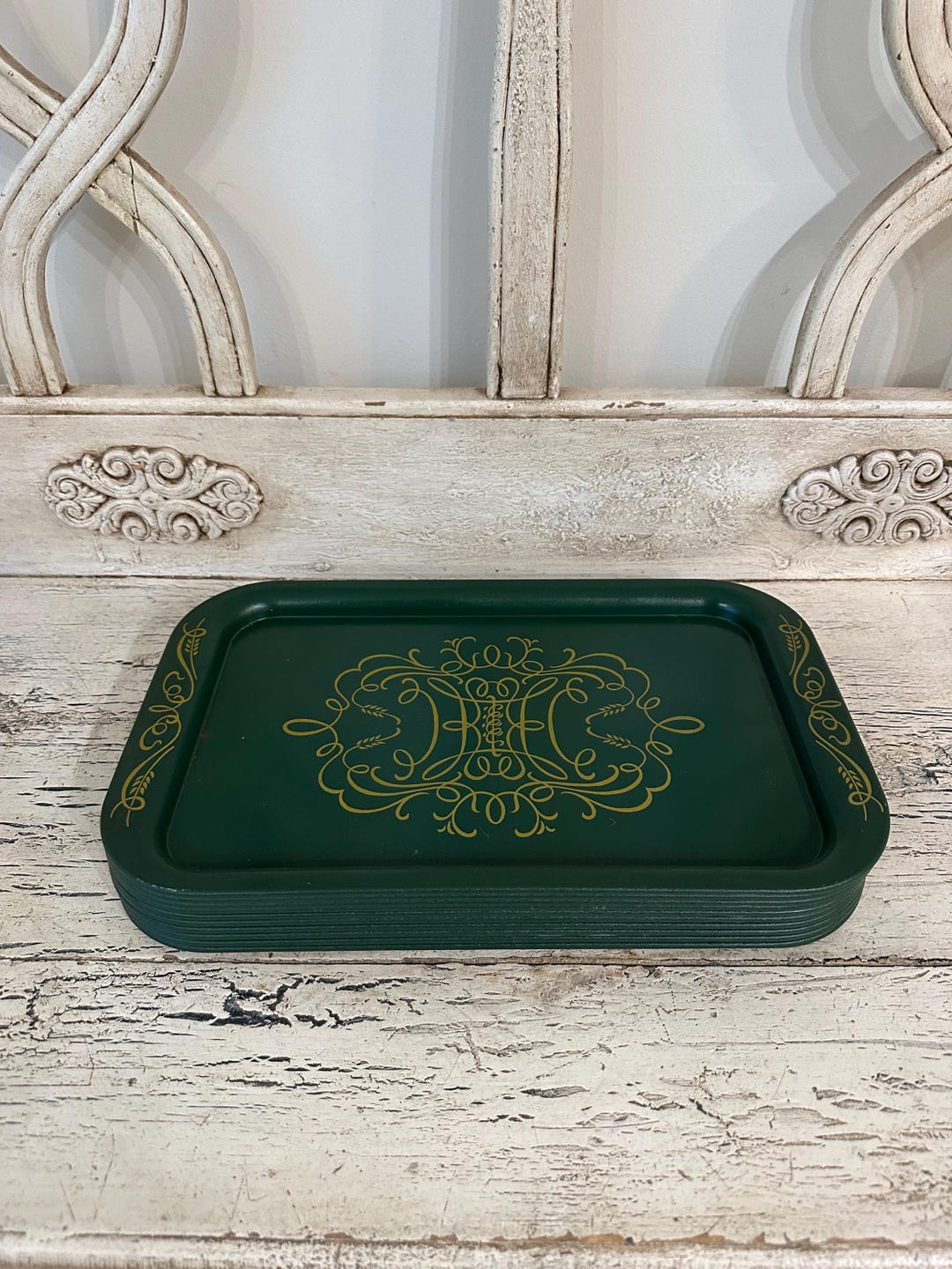 Set of 10 Vintage Metal Luncheon Trays - Mid Century - Green and Gold ...