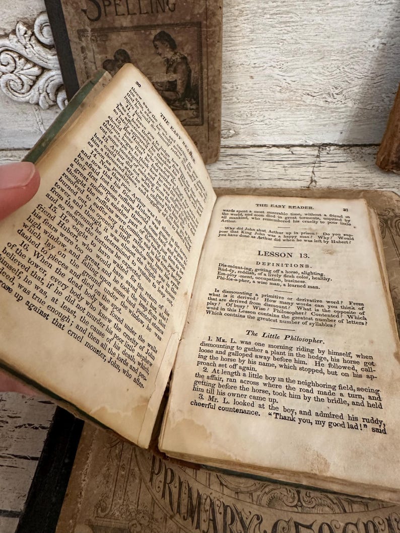 Antique, Distressed Classroom Books - School Reading, Math, Geography ...
